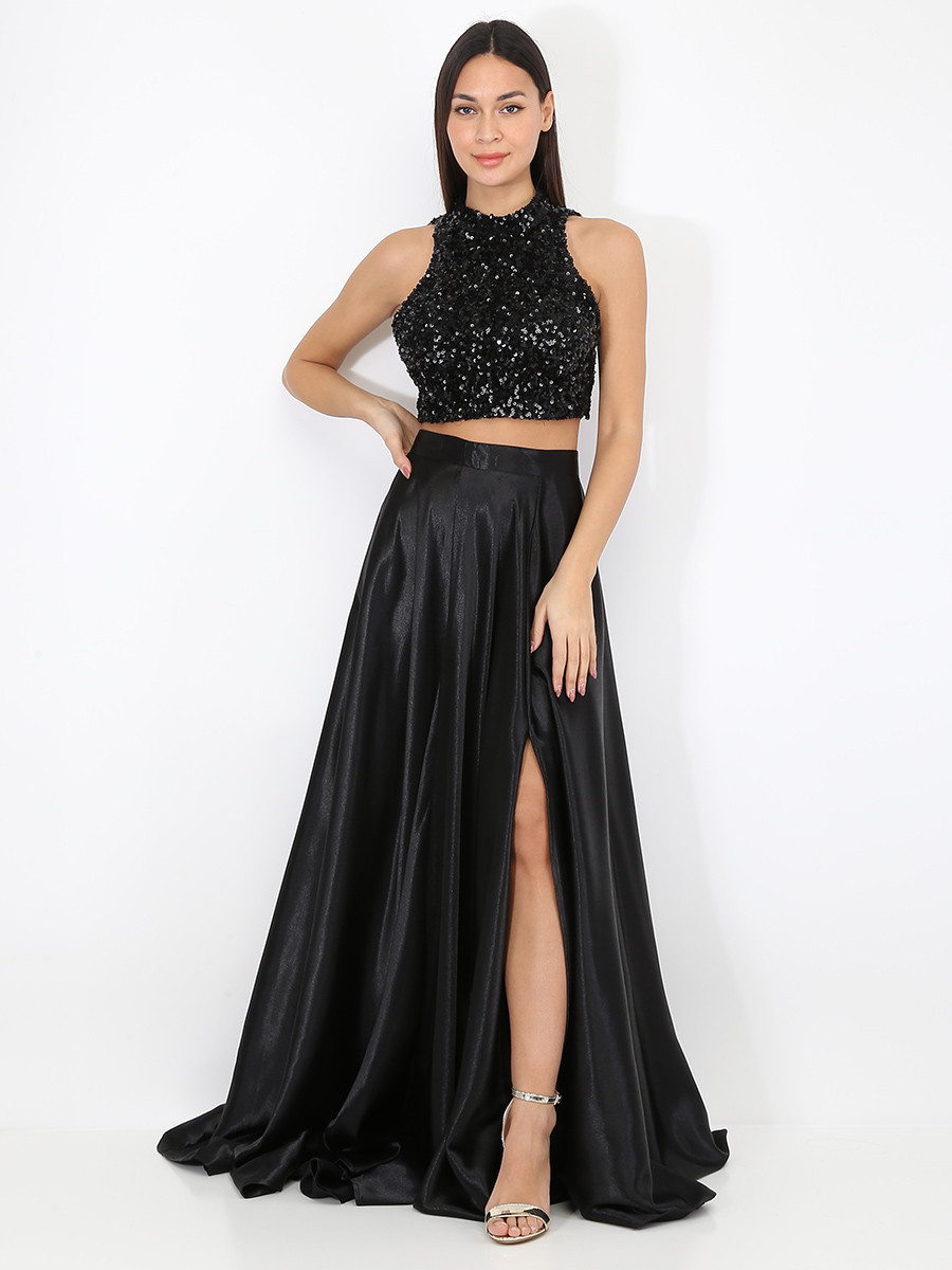 Jupe longue noire taille haute effet satinée